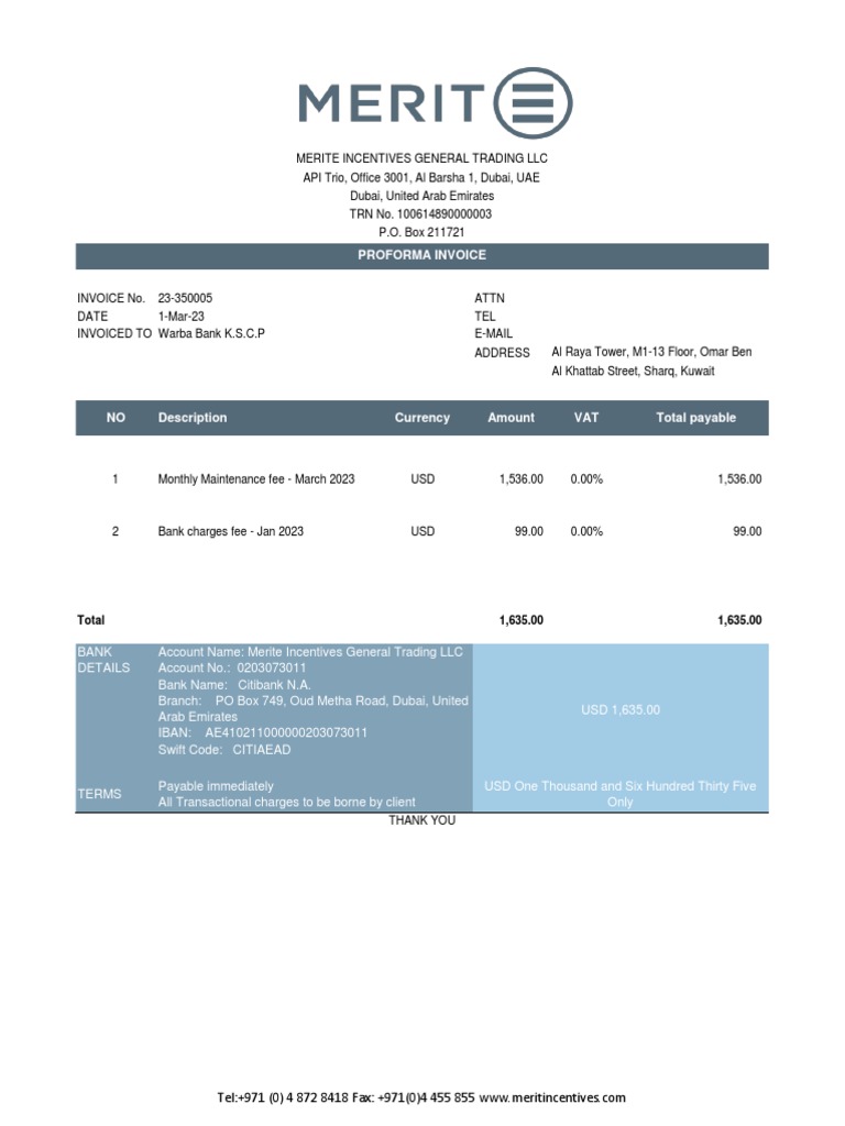 Merite Incentives General Trading LLC Proforma Invoice | PDF