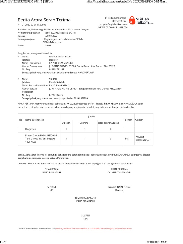 BAST INV-20230308639856-647141 SIPLah SERAH TERIMA | PDF
