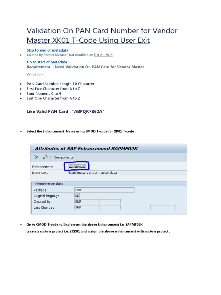 Validation On PAN Card Number For Vendor Master XK01 T | PDF