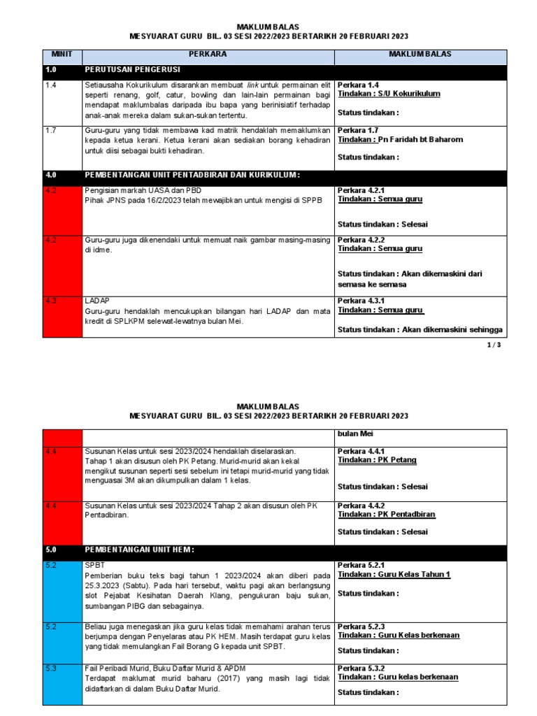 Borang Maklum Balas Mesy. Guru Bil 3 2022 | PDF