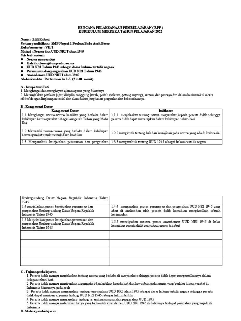 Zilfi Rahmi - RPP Kelas 7 SMP 1 Peukan Bada | PDF