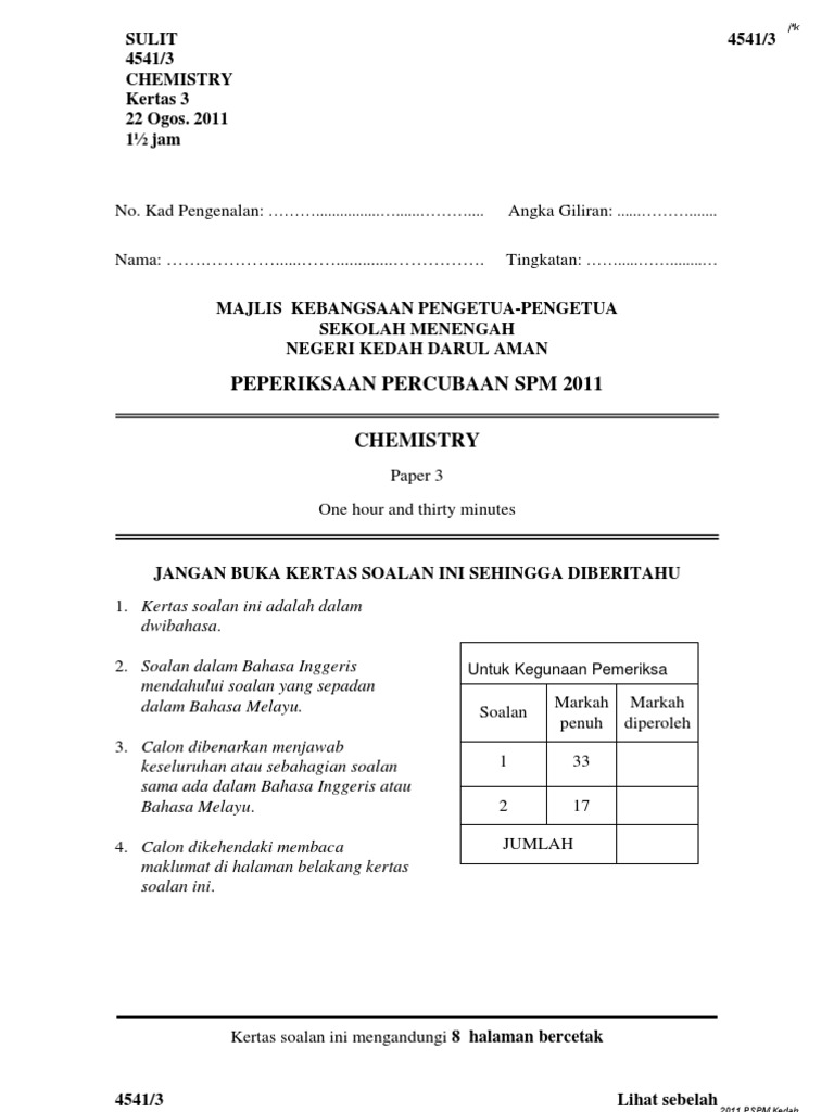 2011 PSPM Kedah Chemistry 3 W Ans | PDF
