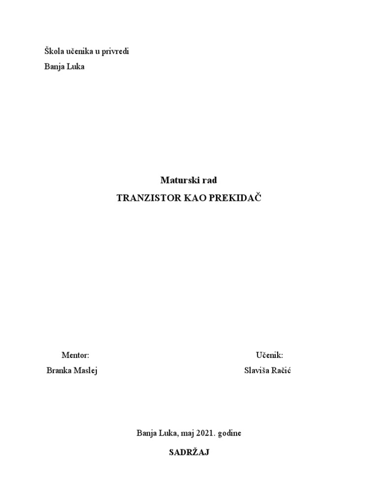 Tranzistor Kao Prekidac | PDF