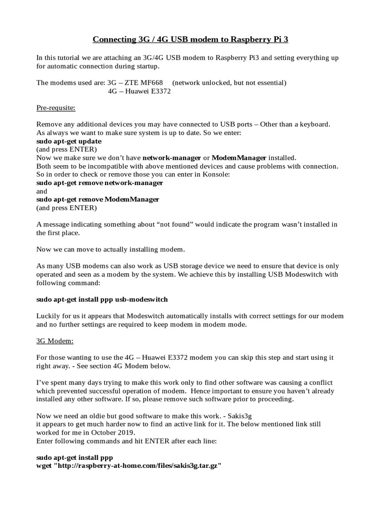 Setup 3G/4G USB Modem on Raspberry Pi 3 | PDF | Modem | Booting