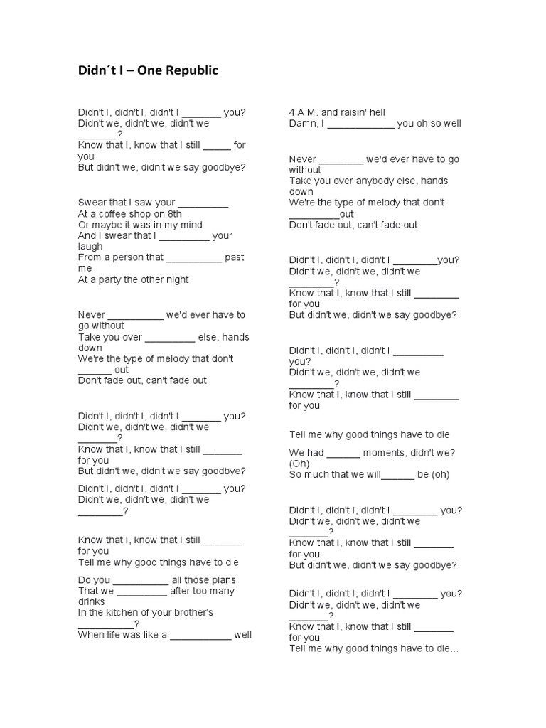 Didn T I One Republic Song ESL GAP FILL | PDF Didn T I One Republic Song ESL GAP FILL | PDF