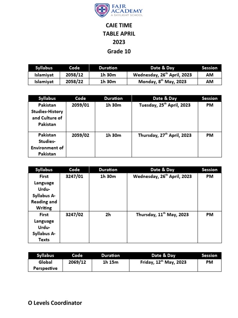 Caie Time Table 2023 | PDF | Science
