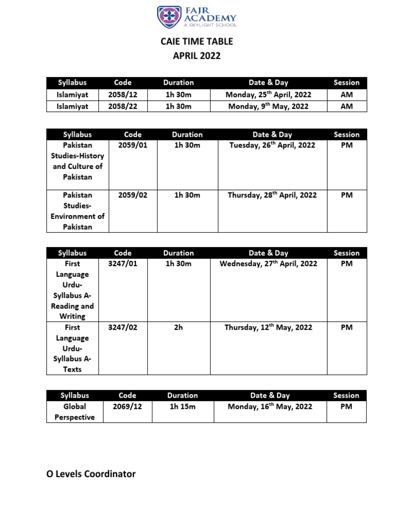Caie Time Table 2022 | PDF
