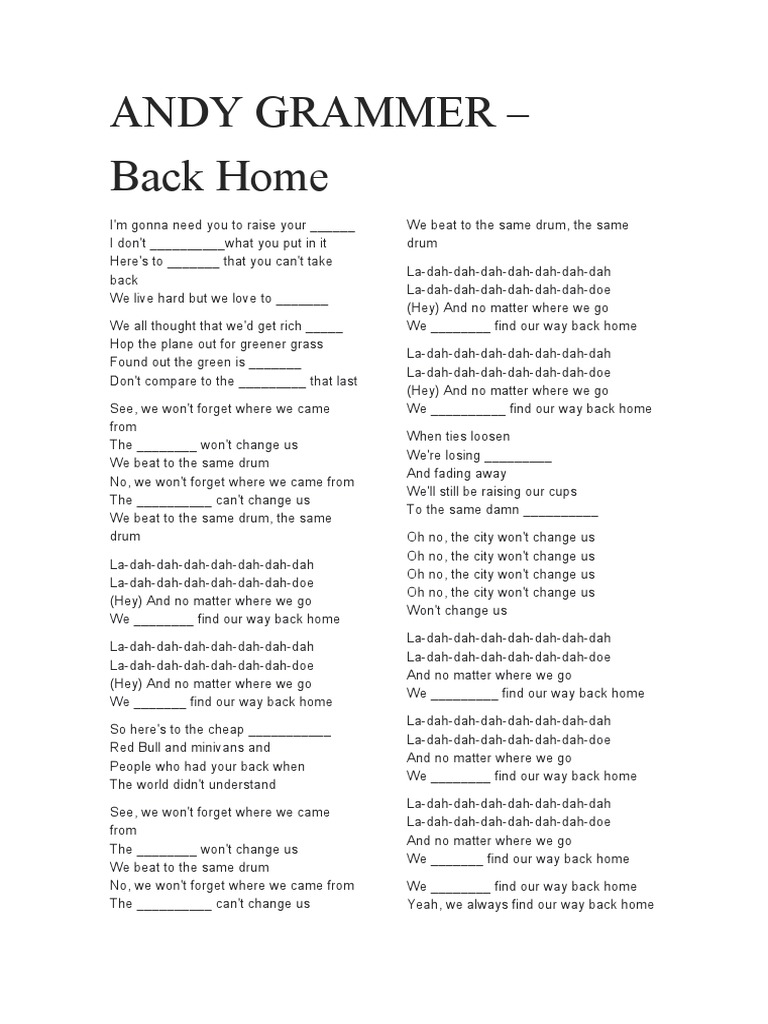 ANDY GRAMMER - Back Home Song GAP FILL | PDF