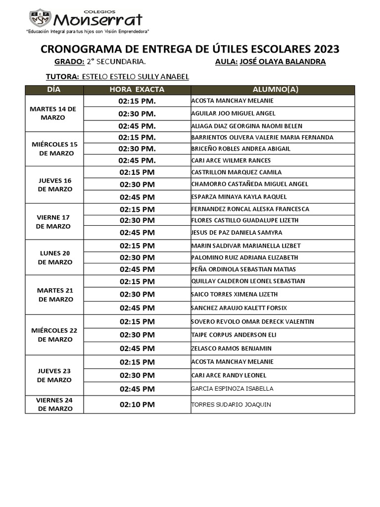 Entrega - de - Utiles - Escolares - 2023 SF 2S | PDF