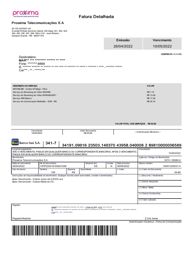 Fatura detalhada dos serviços de telecomunicações da Proxxima ...