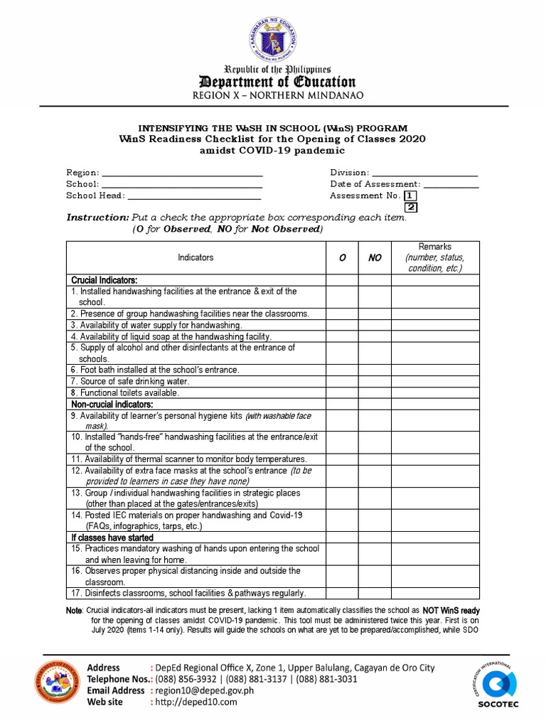 Assessing School Readiness for Safe Reopening: A WaSH Checklist for ...