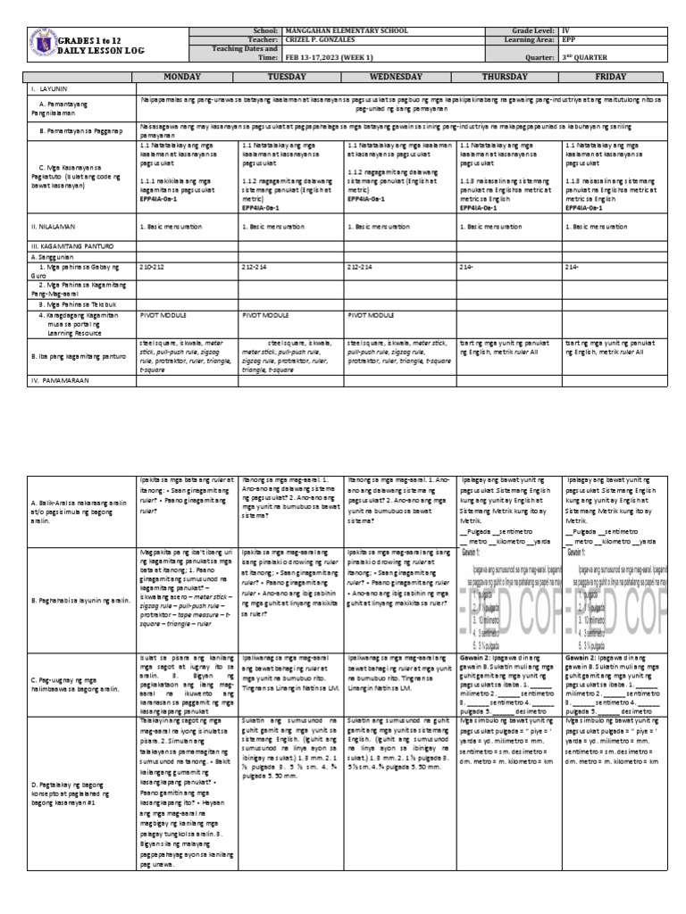 DLL Quarter 3 Week 1 EPP 4 | PDF