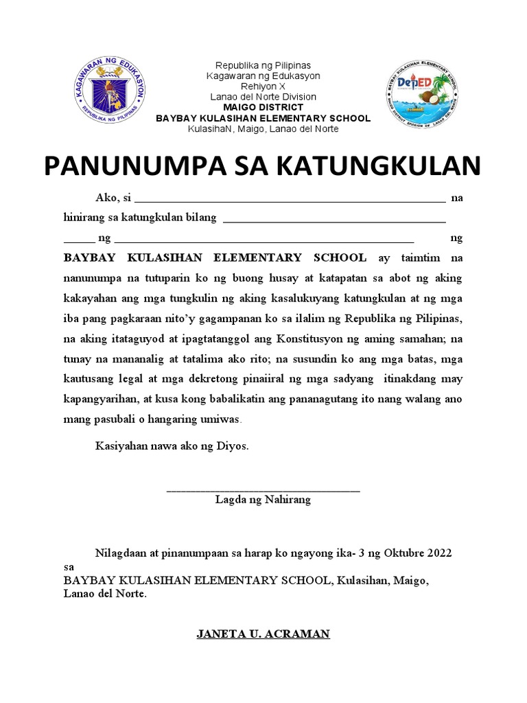 Panunumpa Sa Katungkulan PTA SPG | PDF