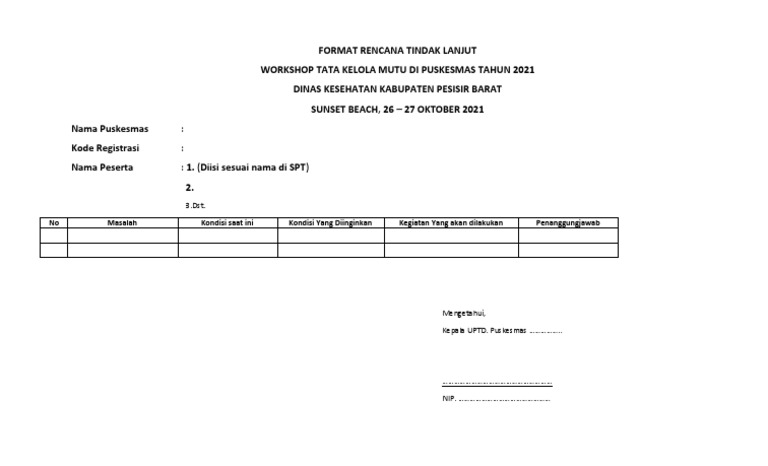 Formulir RTL Workshop Akreditasi (TKM) | PDF