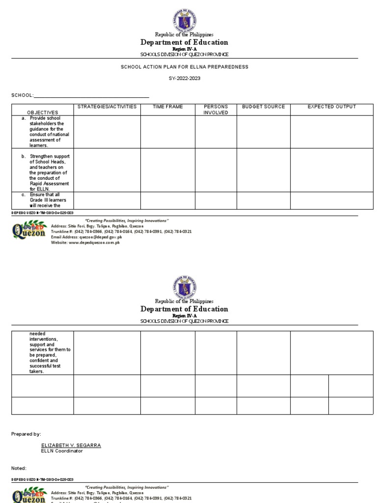 School Action Plan For Ellna Preparedness | PDF | Learning