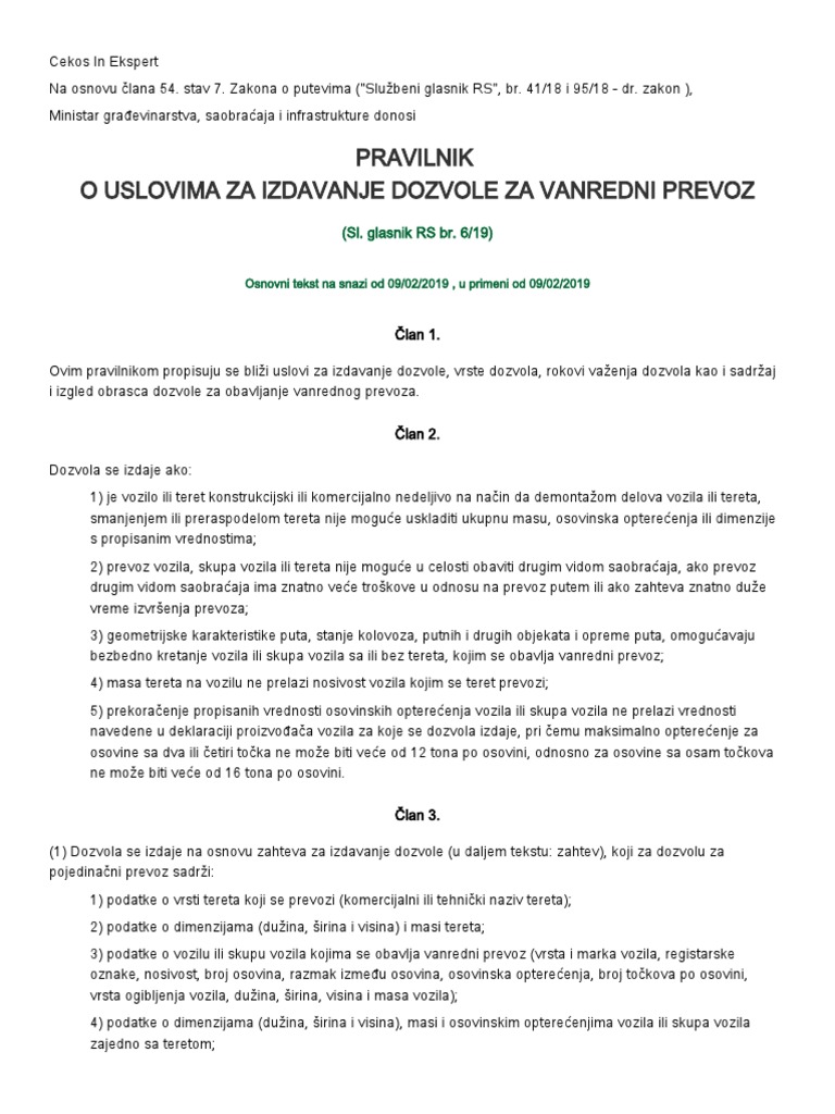 Pravilnik o Uslovima Za Izdavanje Dozvole Za Vanredni Prevoz | PDF