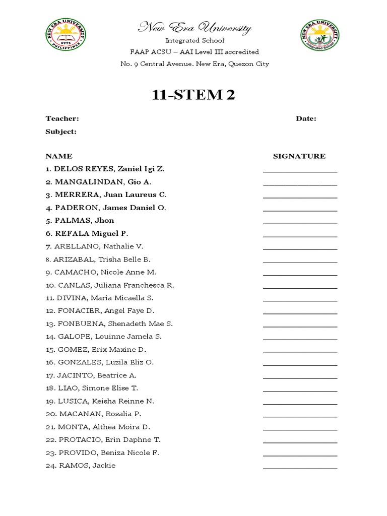 Student Signature List for 11-STEM 2 | PDF