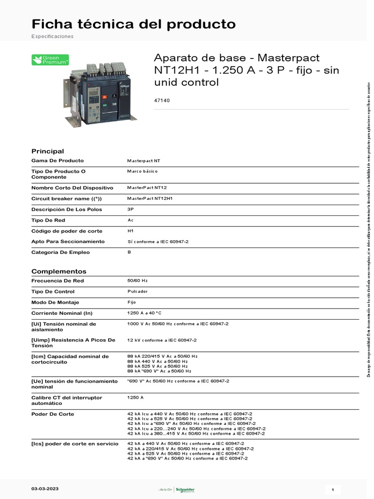Ficha Técnica Masterpact NT12H1 | PDF | Ingenieria Eléctrica | Electricidad