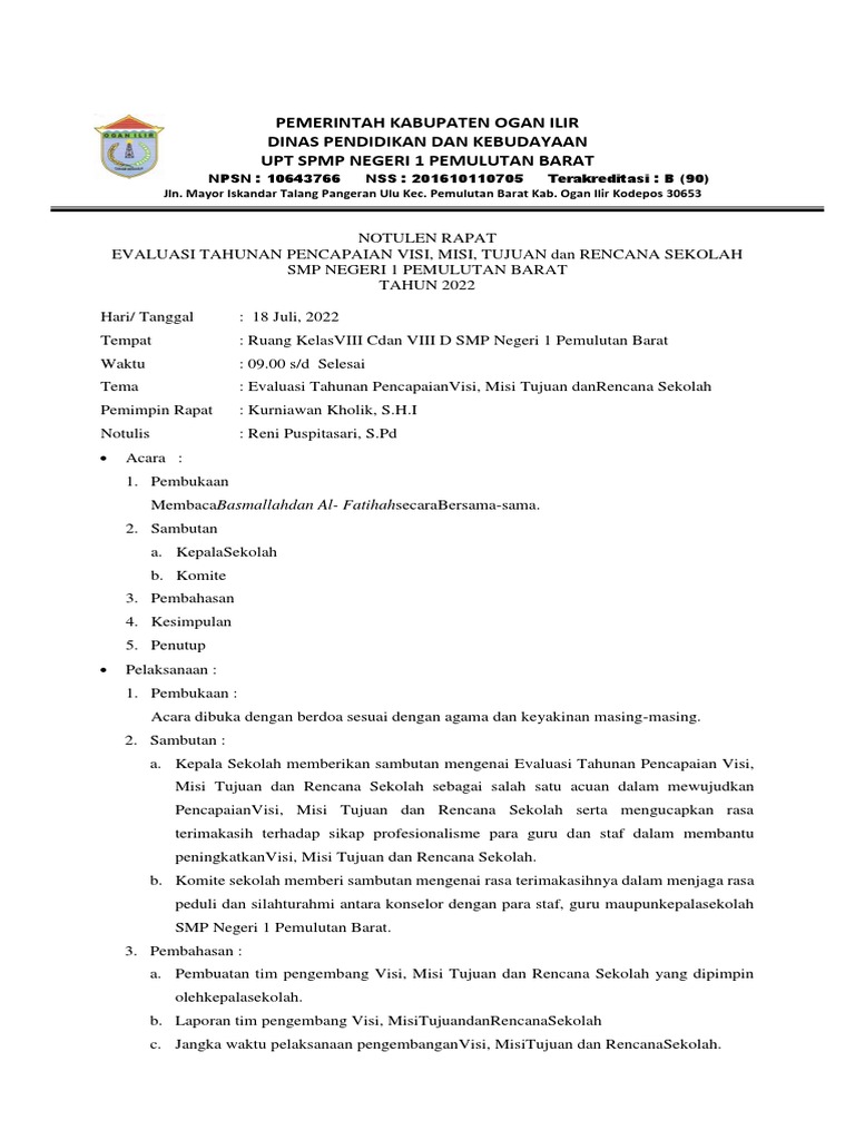 26. NOTULEN RAPAT EVALUASI VISI MISI | PDF