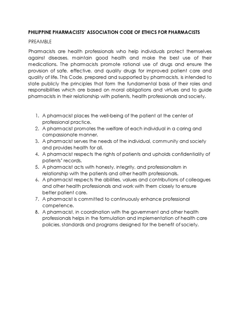 PPhA Code of Ethics For Pharmacists | PDF