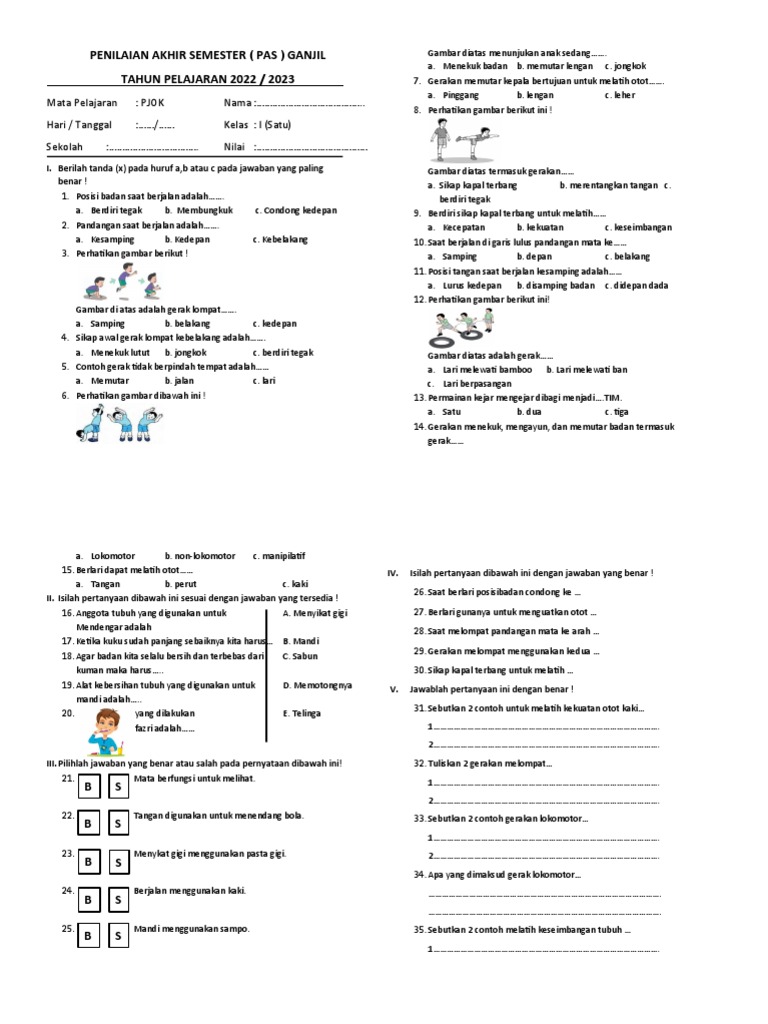 Soal Penilaian Akhir Semester Ganjil Pjok Kelas 1 | PDF