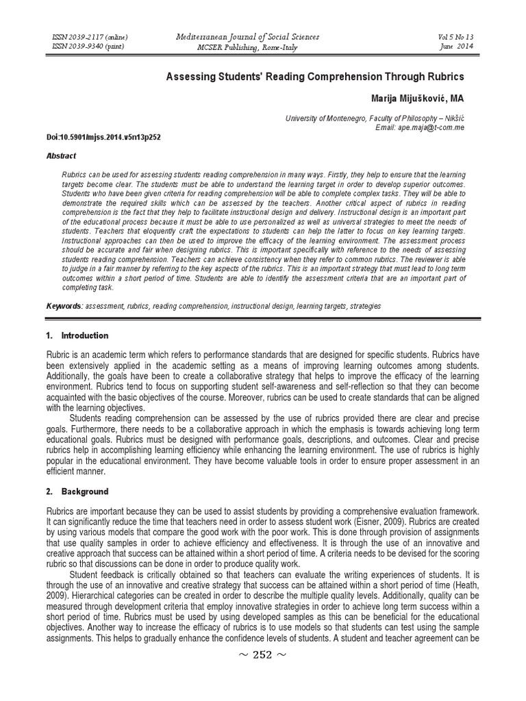 Assessing Students' Reading Comprehension Through Rubrics1 PDF | PDF ...