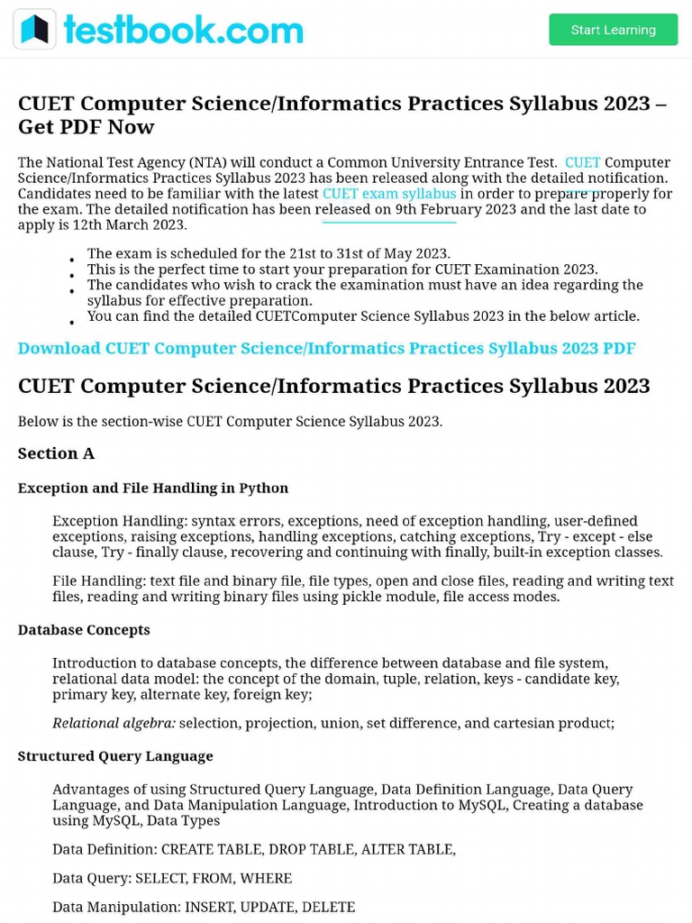 CUET Computer Science - Informatics Practices Syllabus 2023 - Get PDF Now | PDF
