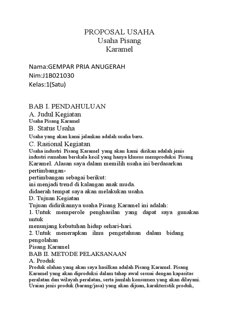 Proposal Usaha Pisang Karamel Gempar Pria Anugerah (J1B021030) | PDF