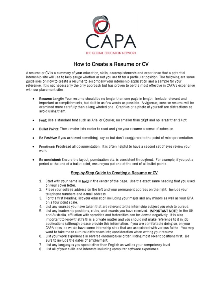 CAPA Resume Guide | PDF | Résumé | Internship