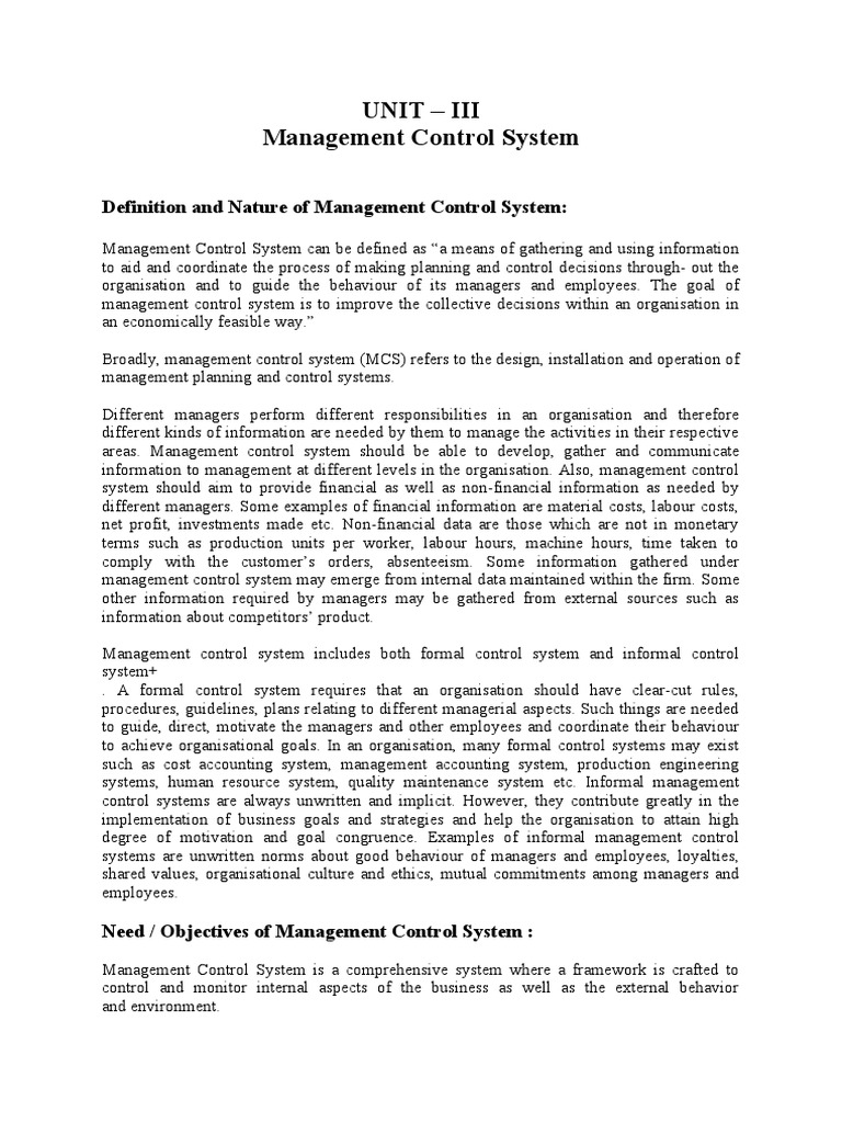 Management Control System | PDF | Goal | Decentralization