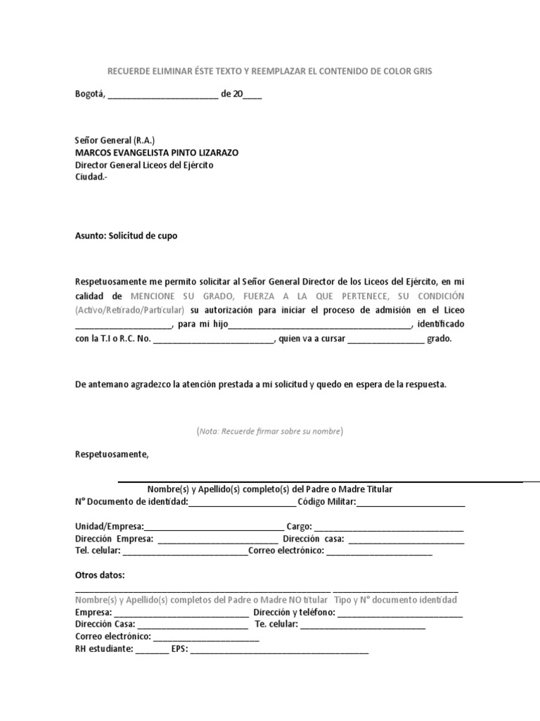 Carta Solicitud Cupo Bogotá - 2022 | PDF