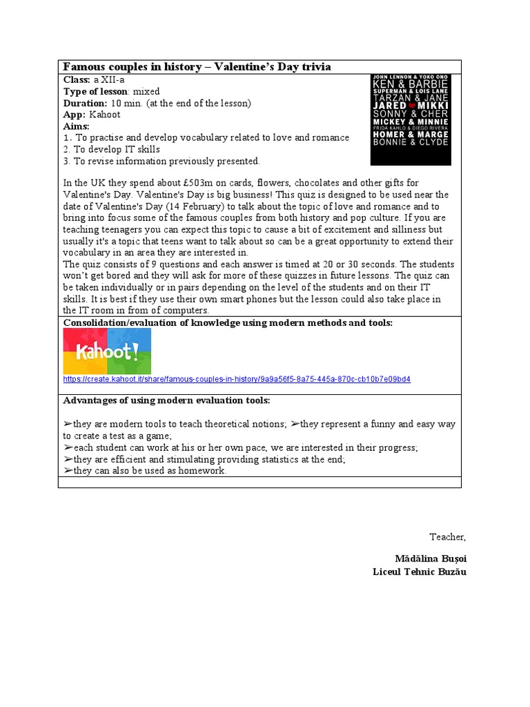 Famous Love: A Valentine's Day Kahoot Quiz on Historic Couples | PDF