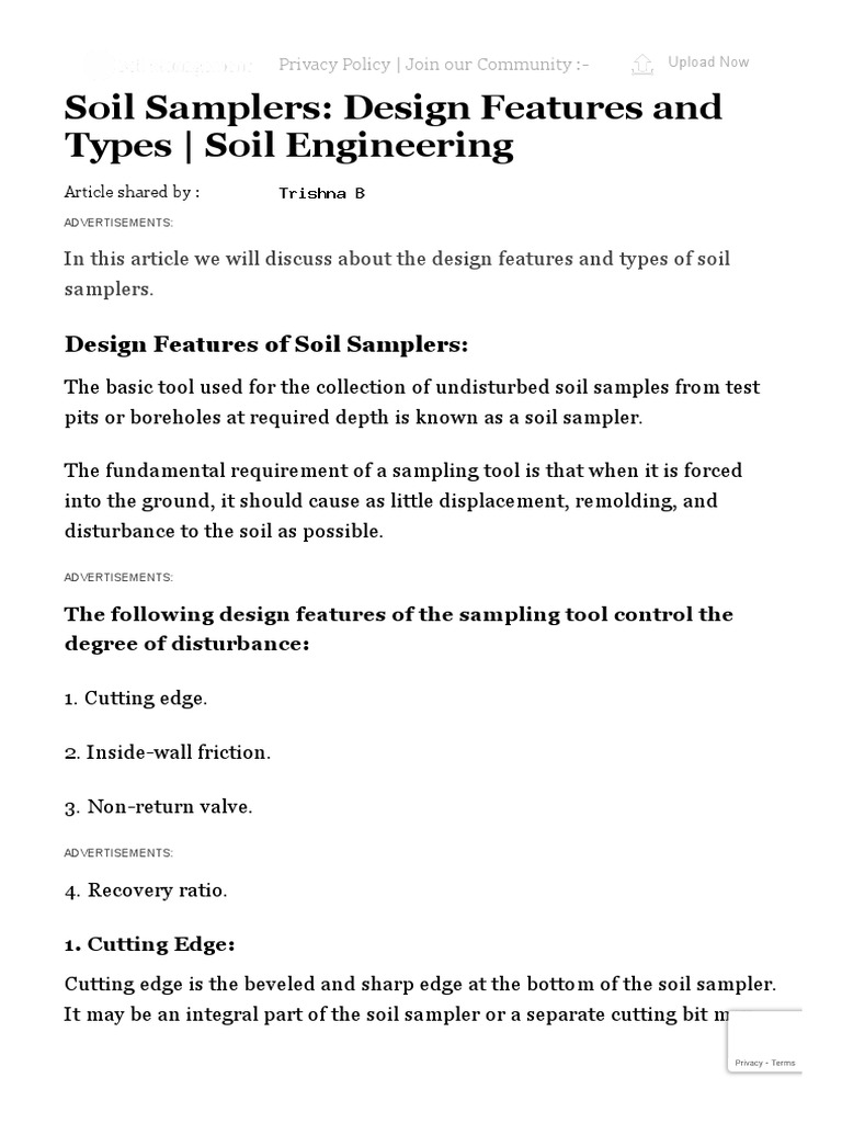 Soil Samplers: Types and Design Features | PDF | Piston | Soil