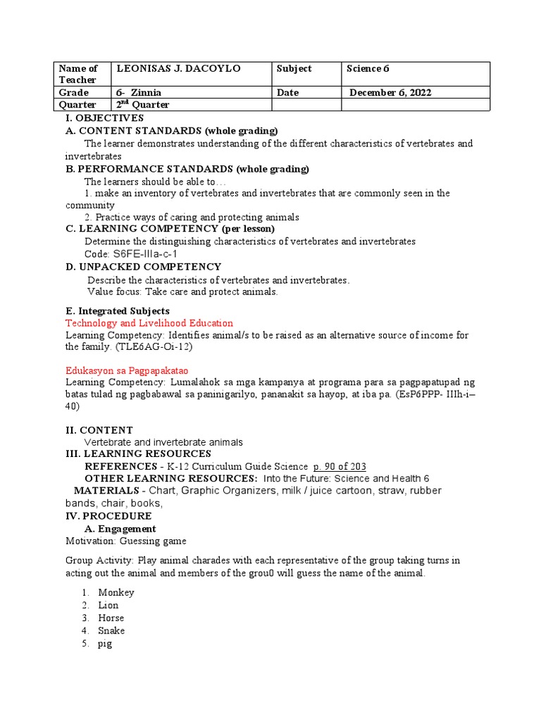 Cot Lesson Plan in Science 6 | PDF | Invertebrate | Vertebral Column