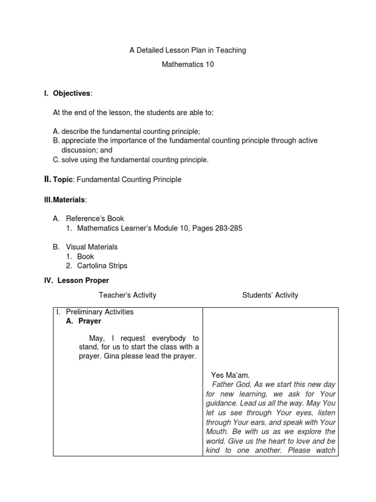 DLP Fundamental of Counting Principle | PDF | Lesson Plan