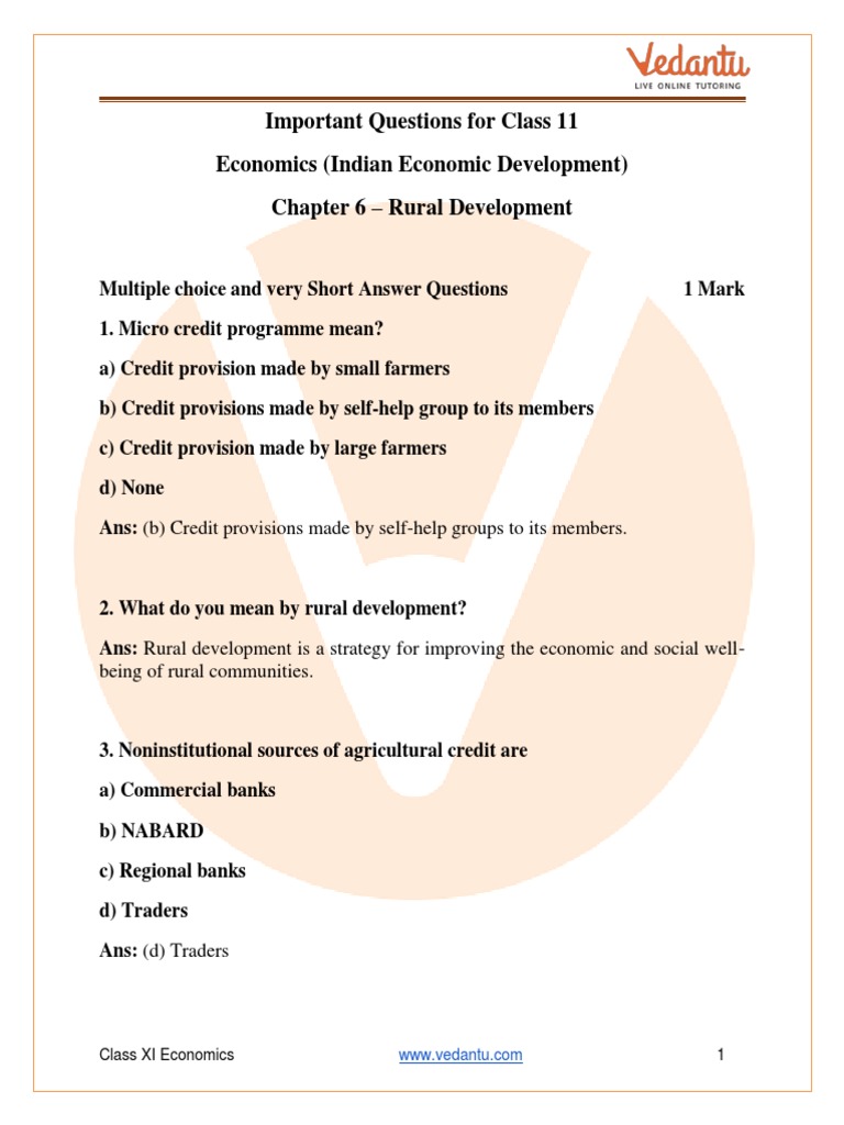 Important Questions For CBSE Class 11 Indian Economic Development PDF ...