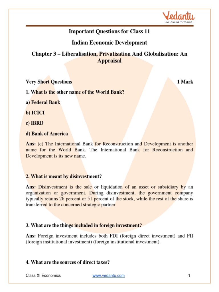 Important Questions For CBSE Class 11 Indian Economic Development PDF ...
