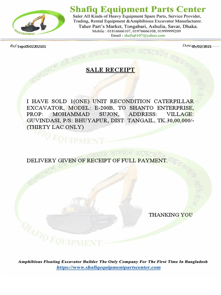 Sale receipt for excavator to Shanto Enterprise | PDF