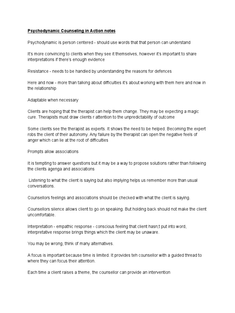 Psychodynamic Counselling in Action Notes | PDF | Psychotherapy ...