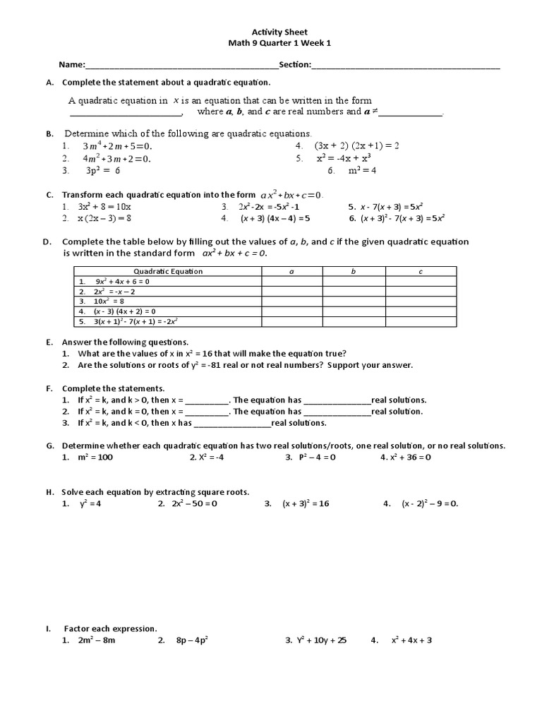 Activity Sheets | PDF | Quadratic Equation | Mathematics