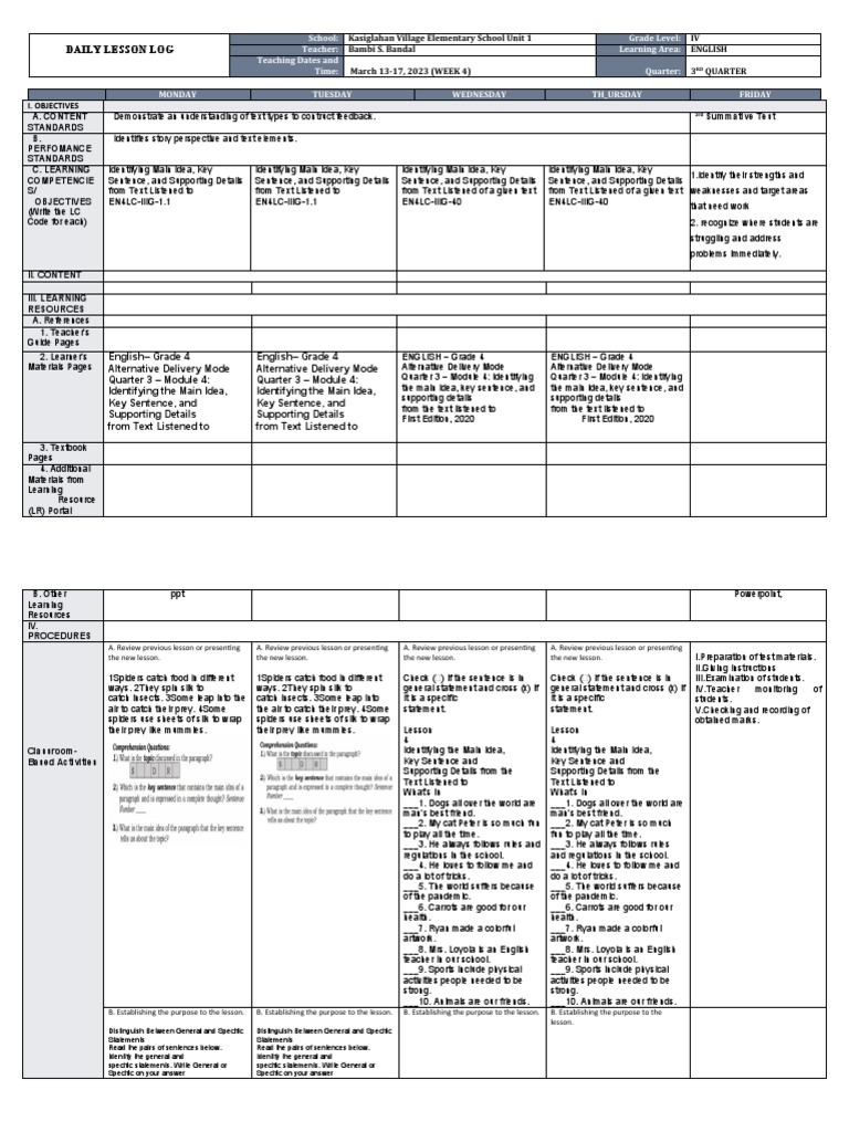 DLL - English 4 - Q3 - W2 | PDF | Paragraph | Teachers