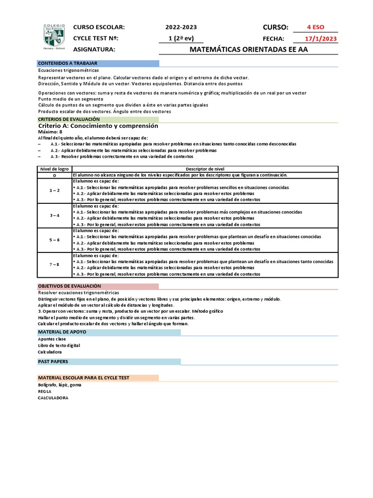 CT1 2ev Guia Matemáticas 4 Eso 2022-2023 | PDF | Vector Euclidiano | Ecuaciones