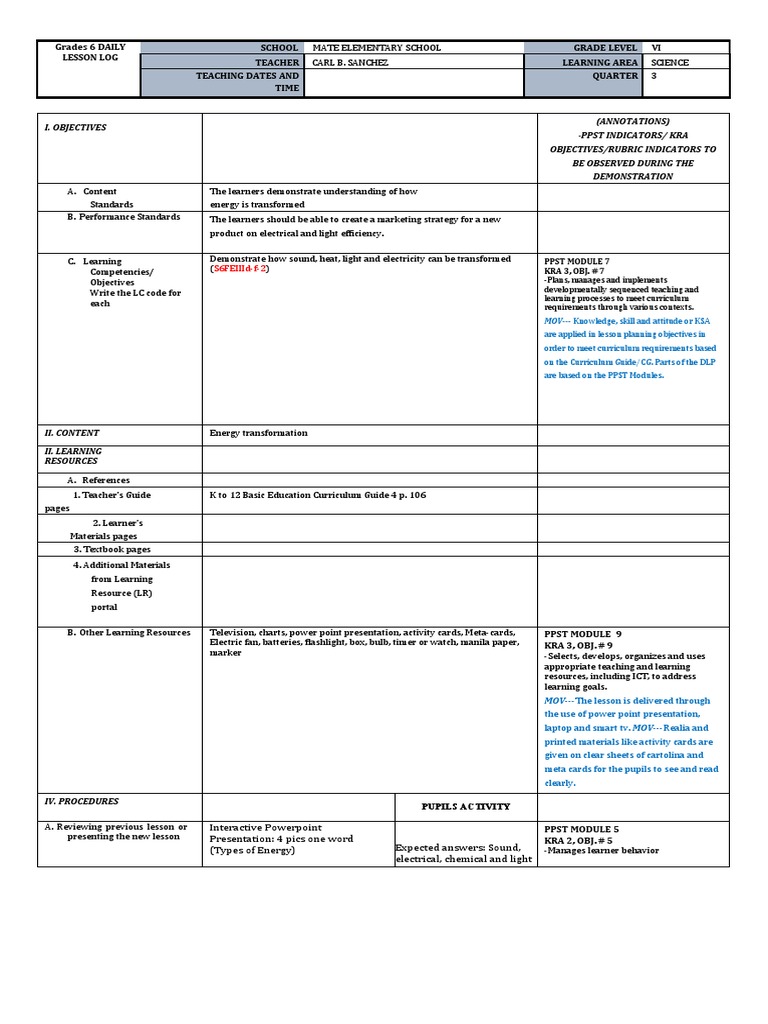 Cot DLP Science 6 Energy Transformation | PDF | Learning | Curriculum