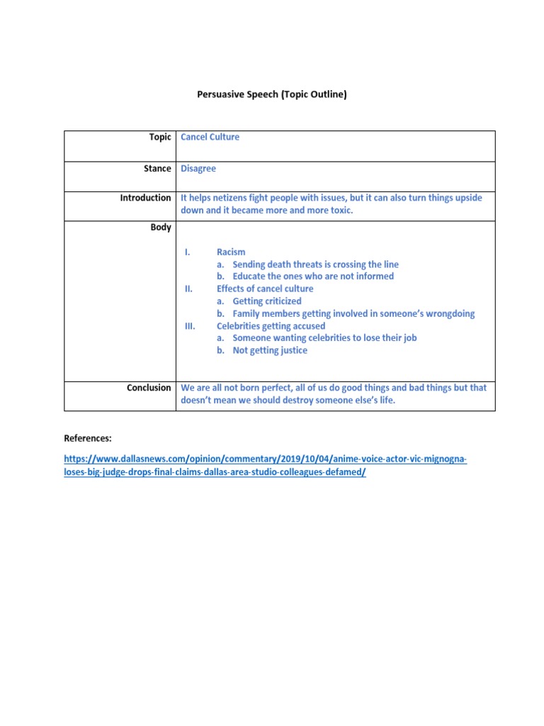 Persuasive Speech Outline PDF | PDF
