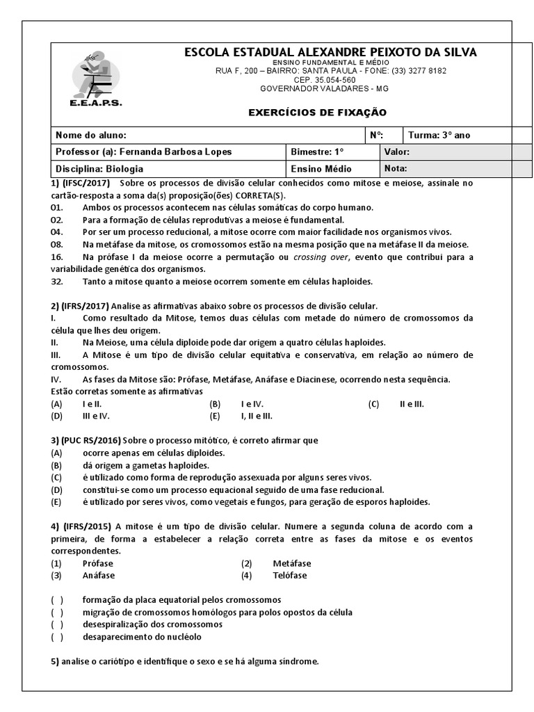 Exercícios De Ciclo E Divisão Celular Pdf Meiose Mitose 1119