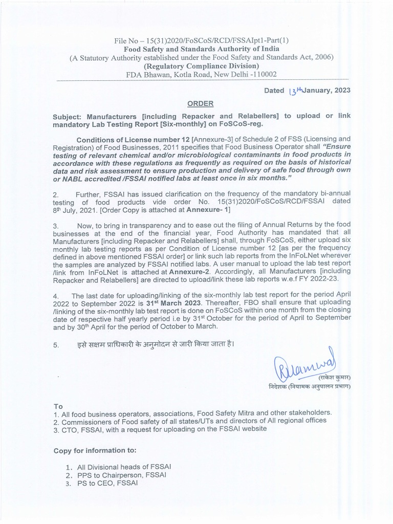 Fssai Order Dated 13.01.2023 | PDF
