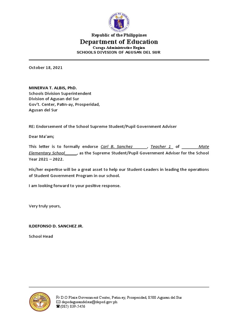 Endorsement Letter To SDS - ADVISER | PDF