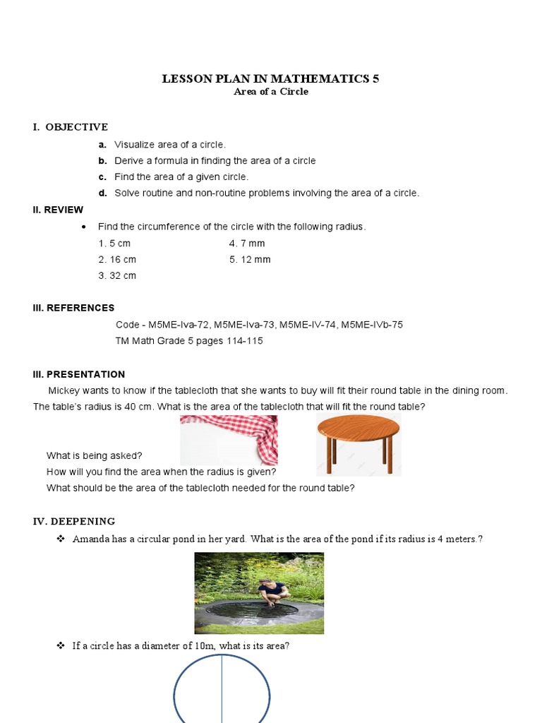 Lesson Plan - Math 5 | PDF | Area | Circle