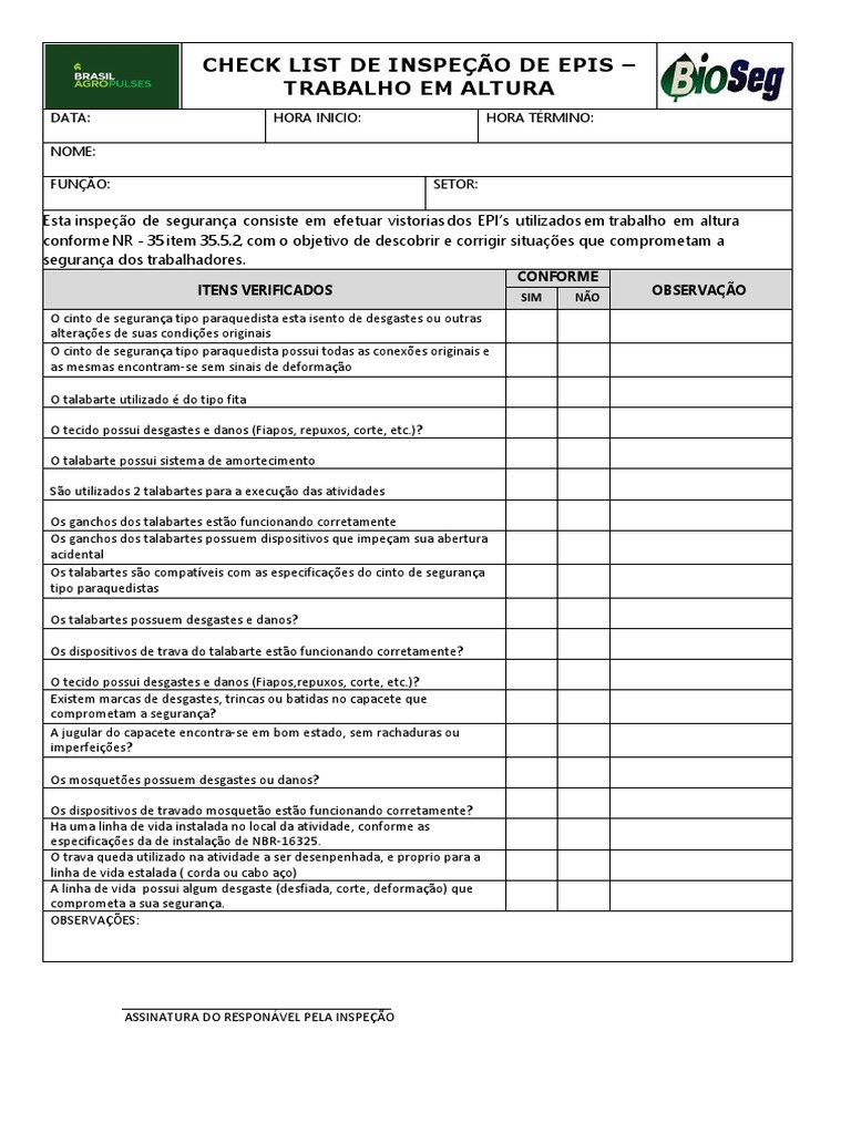 Check List de Inspecao de Epis NR 35 | PDF