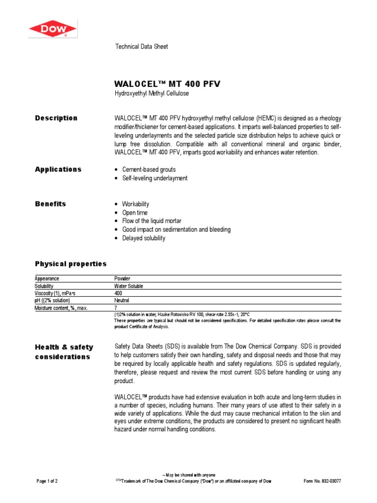 832 03077 01 Walocel MT 400 PFV Hydroxyethyl Methyl Cellulose Tds PDF ...